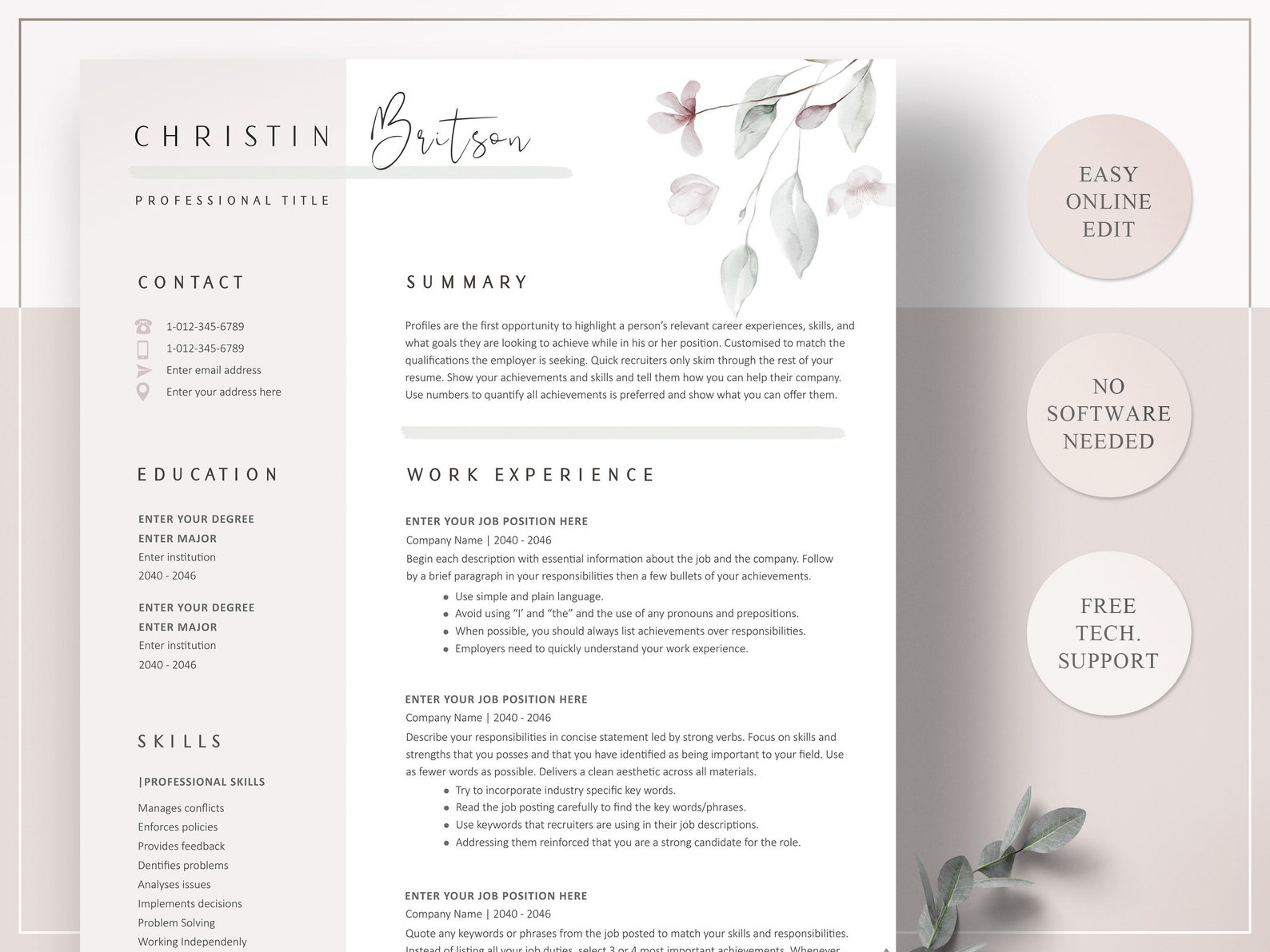 Modèle de CV floral / Modèle de CV pastel / Modèle de CV de deux pages ...