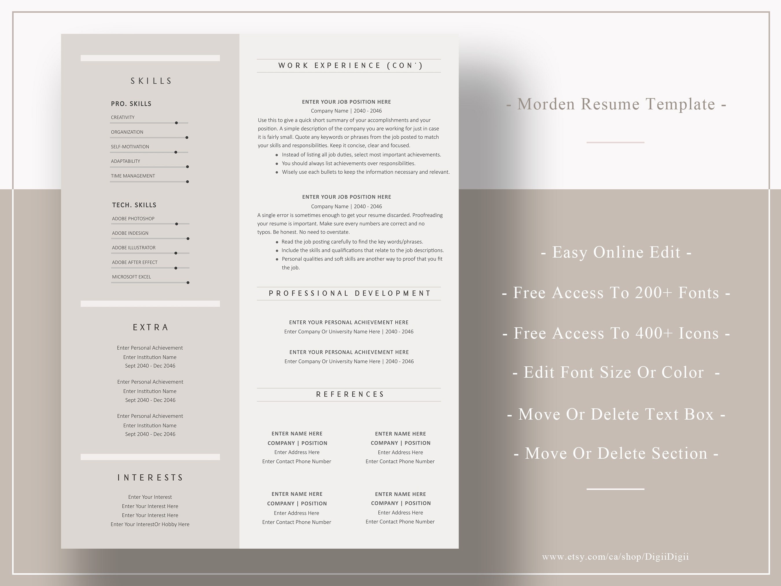 Professional Resume Template/ Modern Beige Resume Template / Two Page ...