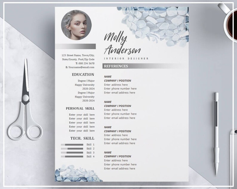 Blue Floral Resume Template/ Floral CV Template/ Blue Hydrangea Flower ...