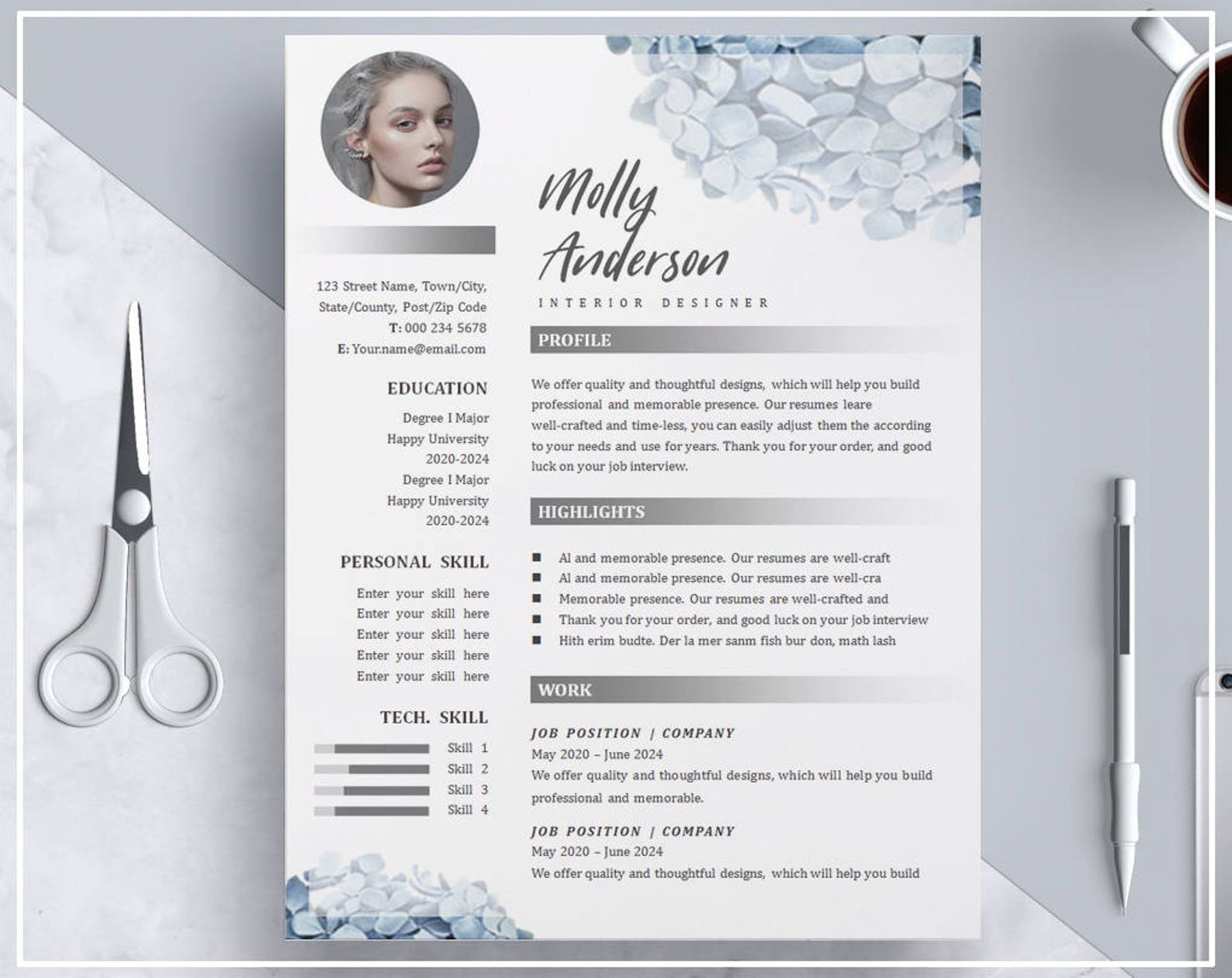 Blue Floral Resume Template/ Floral CV Template/ Blue Hydrangea Flower ...