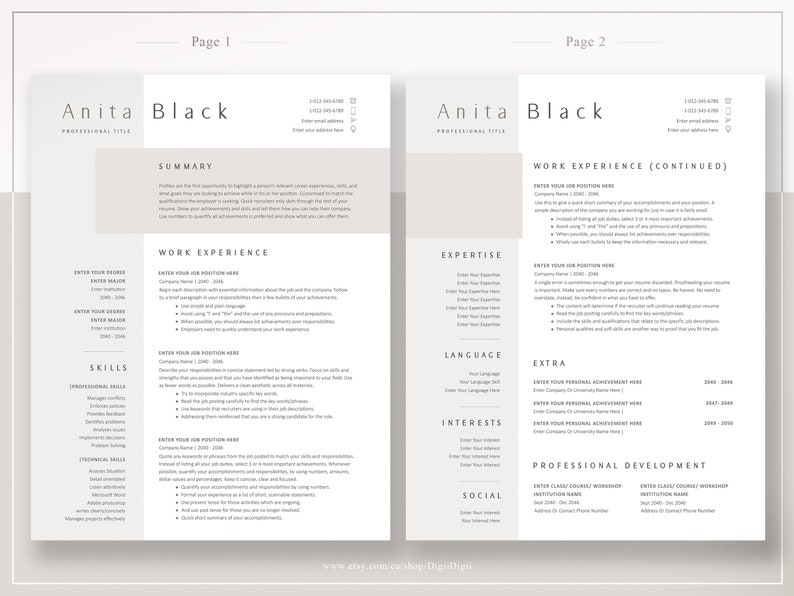Resume Template/ Modern Resume/ Two Page Resume Template/ Professional ...