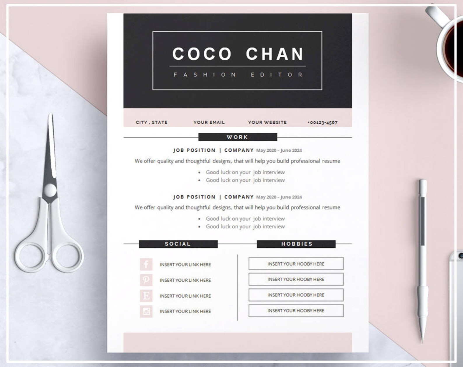 Pink Resume Template/ Pink CV Template/ Creative Resume Template ...