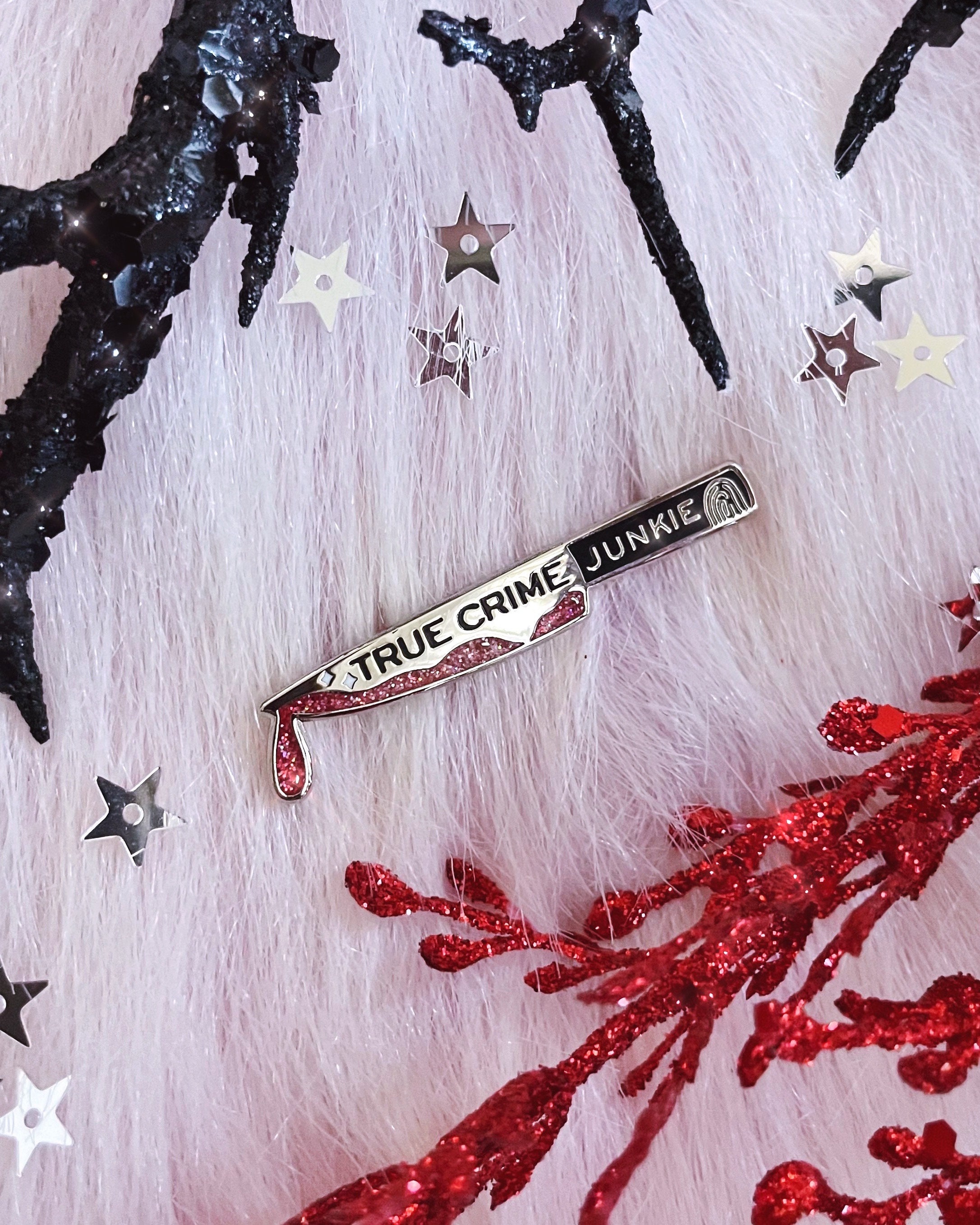 True Crime Junkie pink Hard Enamel Pin Pink Glitter Blood - Etsy