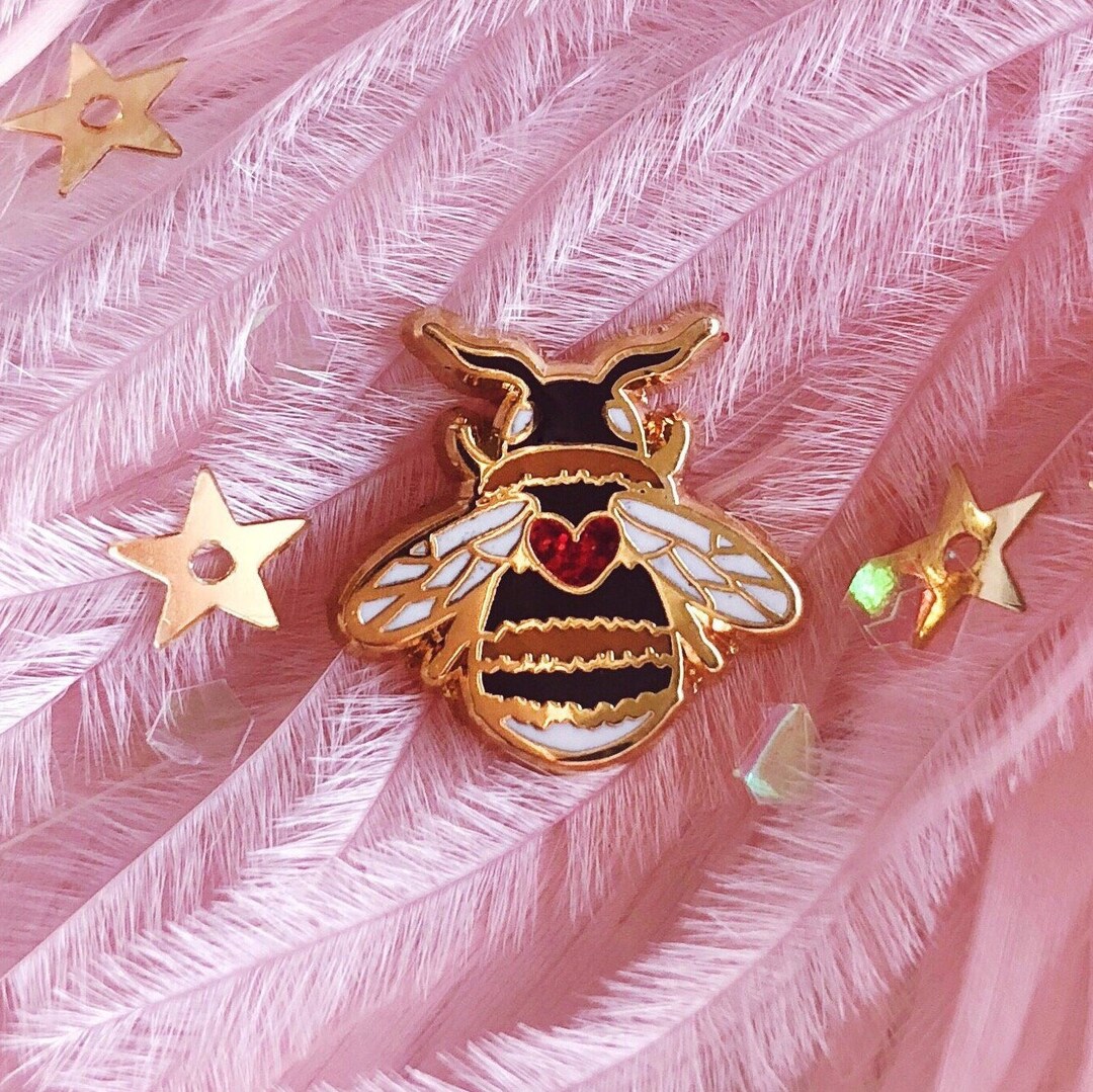 The Love Bee, Mini Gold Hard Enamel Pin, Red Glitter Heart Honeybee ...