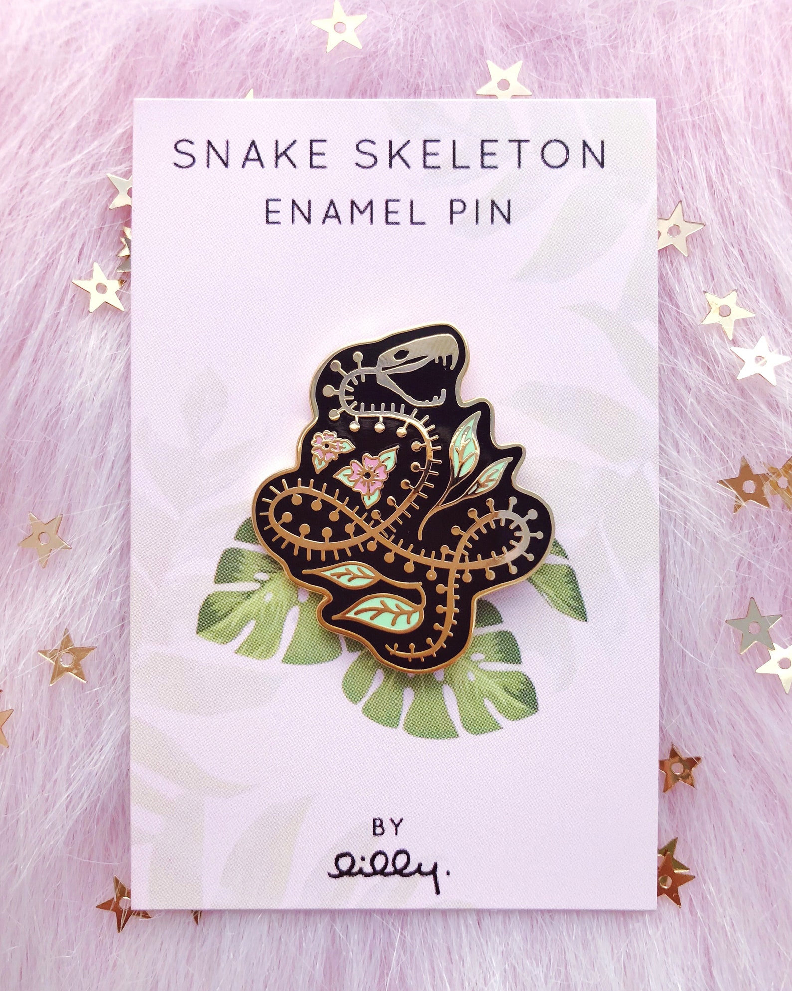 Snake Skeleton Hard Enamel Pin Black and Gold Finish Floral - Etsy