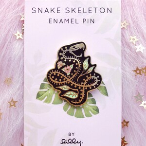 Snake Skeleton Hard Enamel Pin, Black and Gold Finish Floral Botanical ...