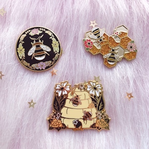 Beehive Hard Enamel Pin, Honeybee Floral Flowers Botanical Animal ...