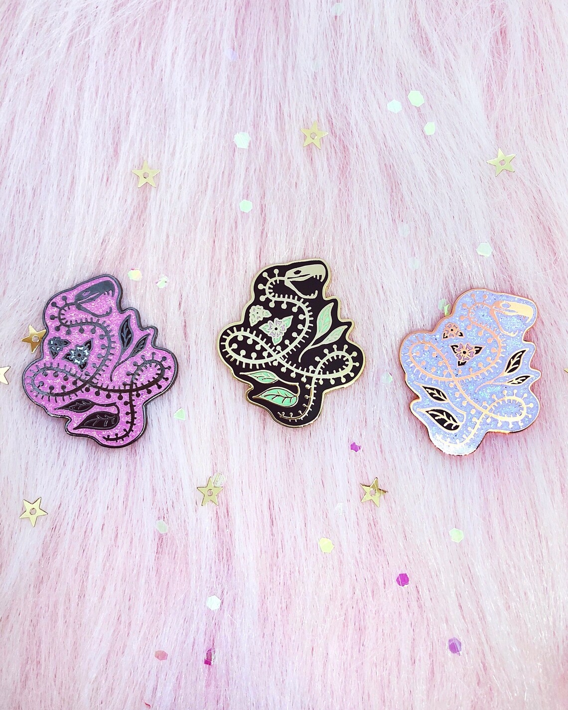 Snake Skeleton Hard Enamel Pin Black and Gold Finish Floral | Etsy