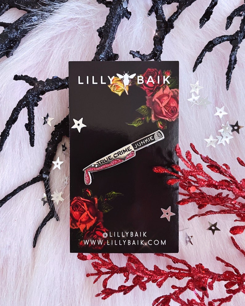 True Crime Junkie pink Hard Enamel Pin Pink Glitter Blood - Etsy