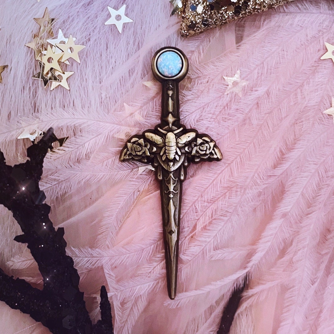 Antique Bee Sword 3D Pin, 2 In. Magical Moon Star Roses Floral Honey ...