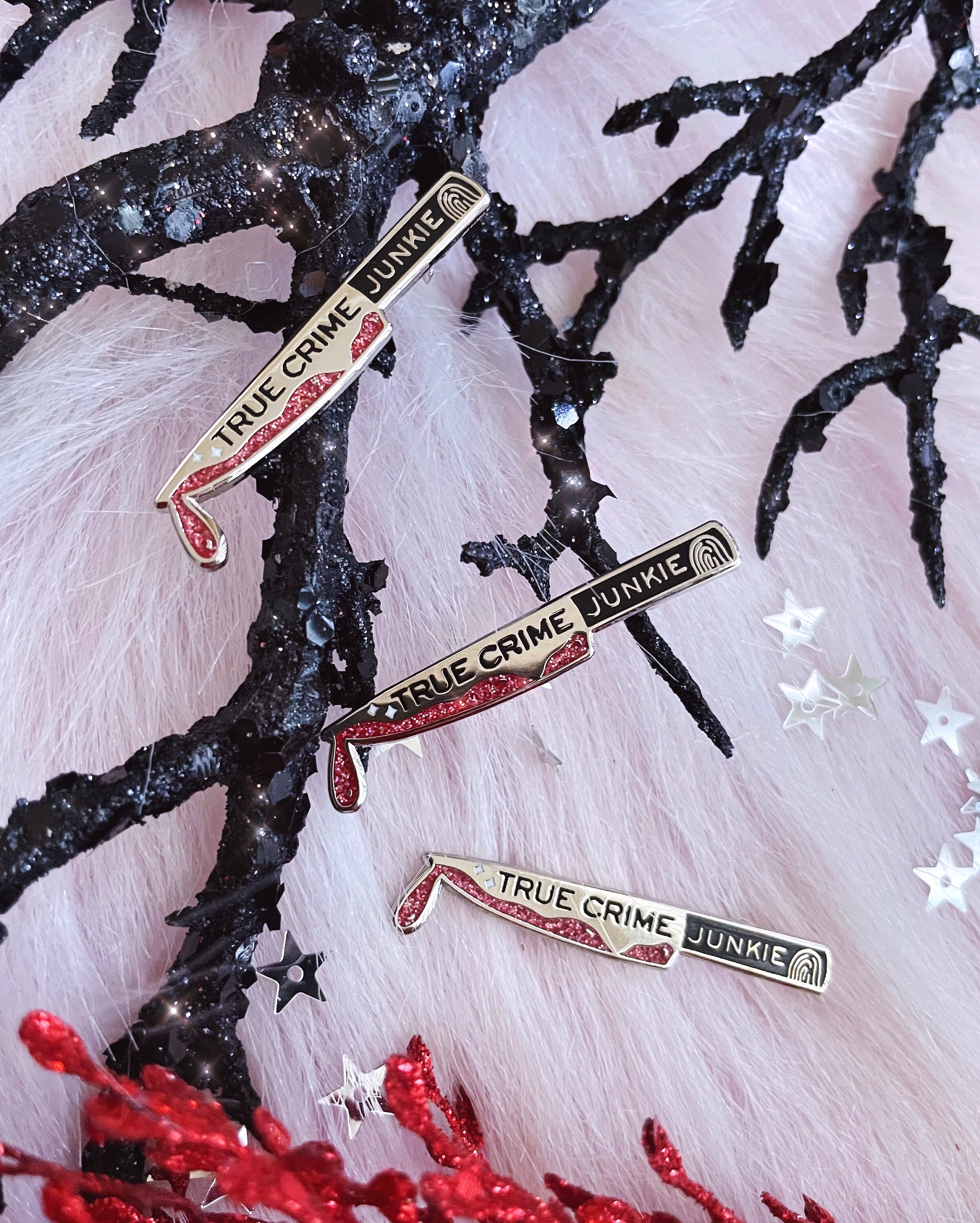 True Crime Junkie pink Hard Enamel Pin Pink Glitter Blood - Etsy