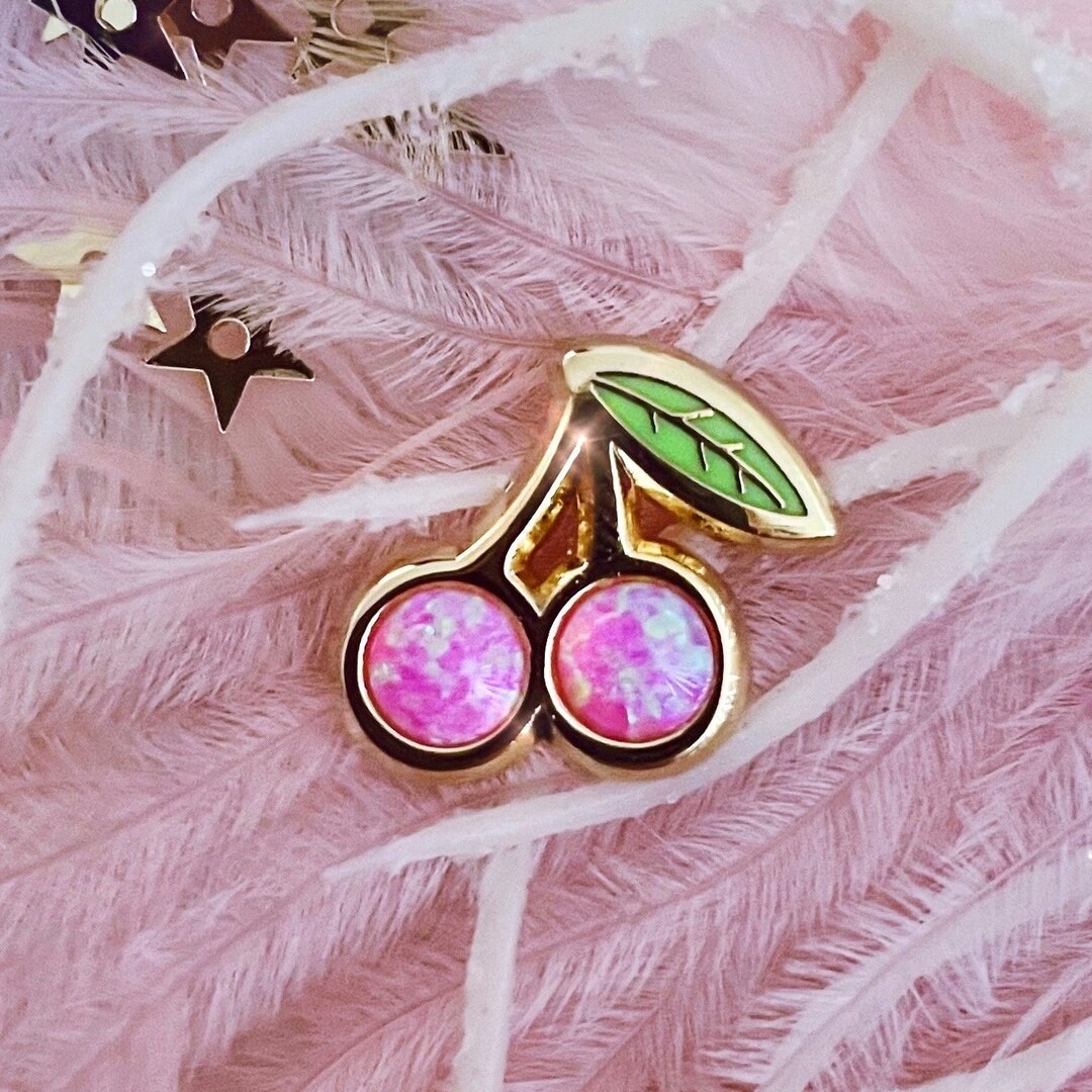 Pink Cherry Opal Hard Enamel Pin, Gemstone Cute Fruit Food Kawaii ...