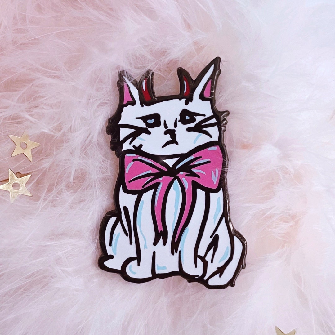 Vintage Devil Kitty Hard Enamel Pin, Cute White Cat With Pink Bow ...