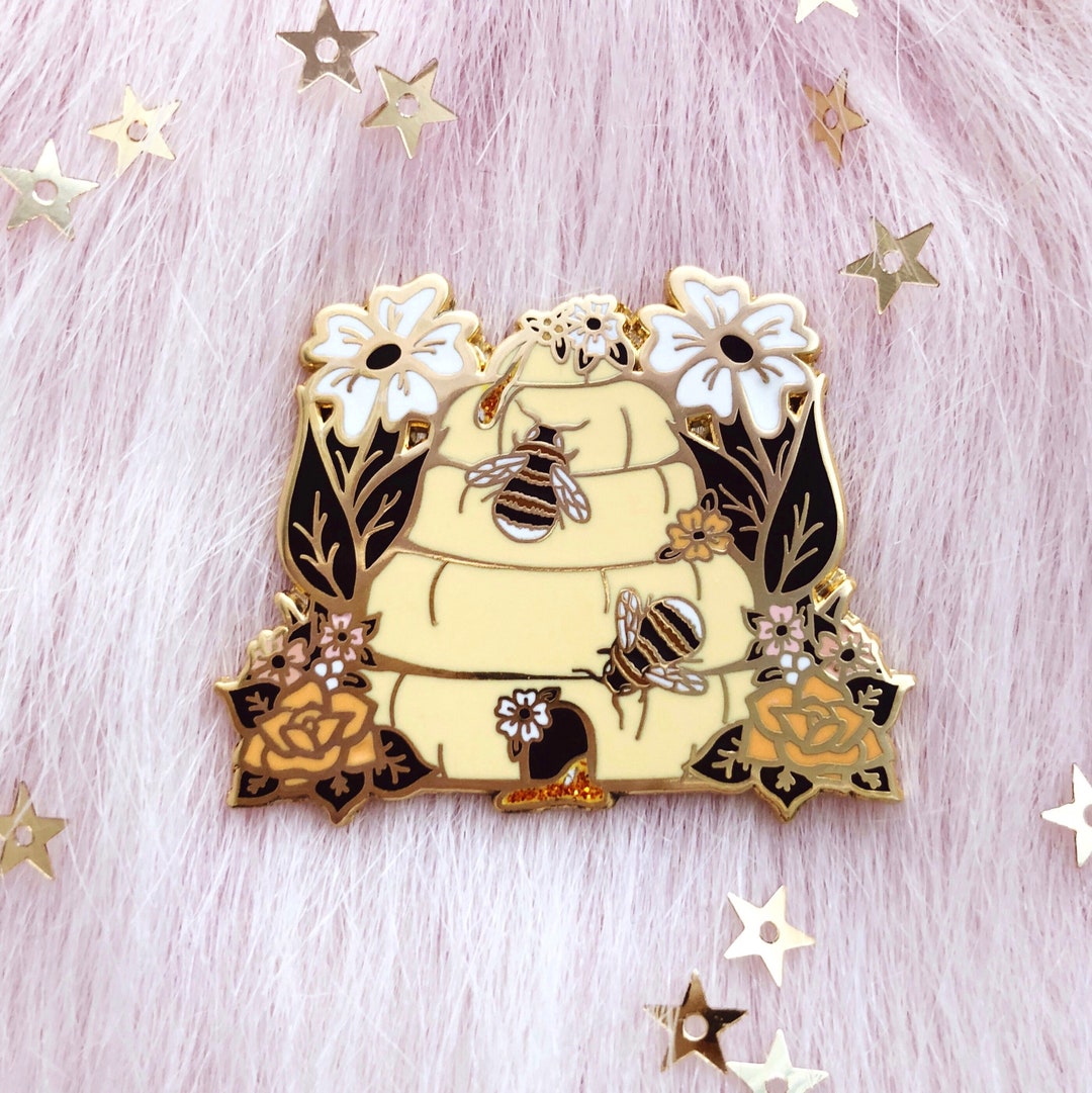 Beehive Hard Enamel Pin, Honeybee Floral Flowers Botanical Animal ...