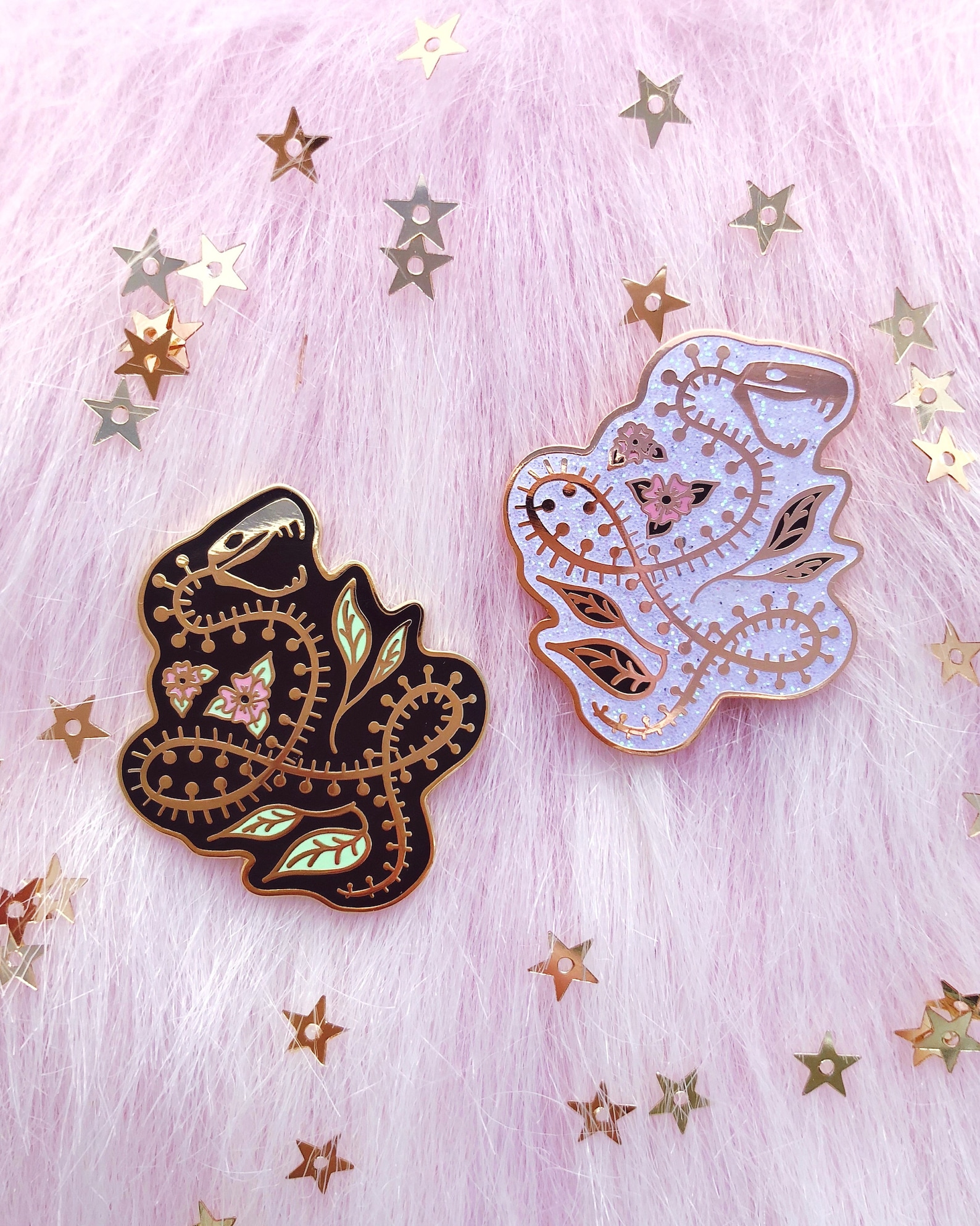 Snake Skeleton Hard Enamel Pin Black and Gold Finish Floral - Etsy