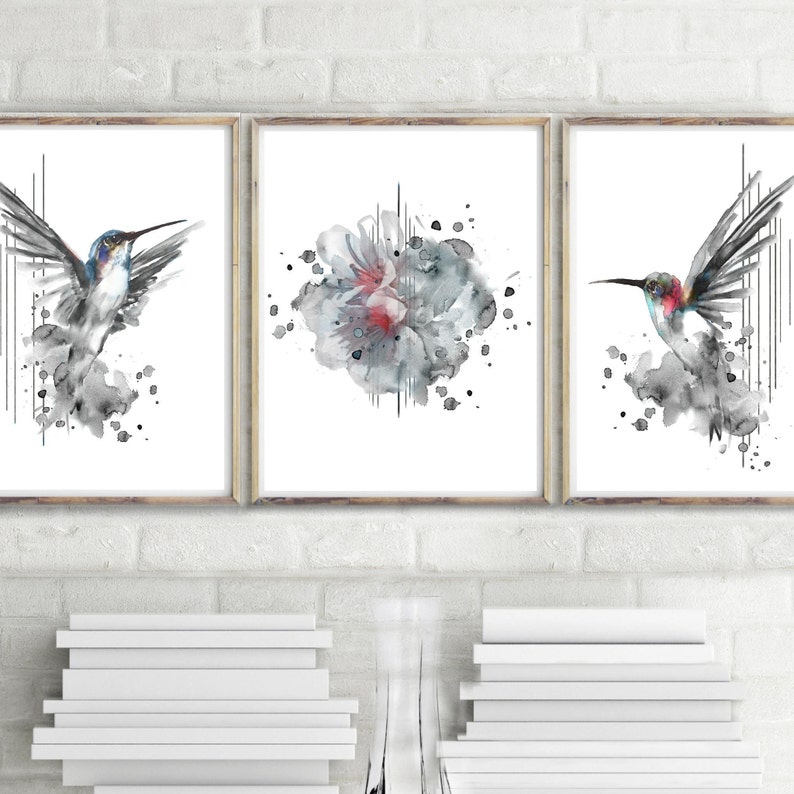 Gray Hummingbirds Set 3 Prints, Black and White Birds Watercolor ...