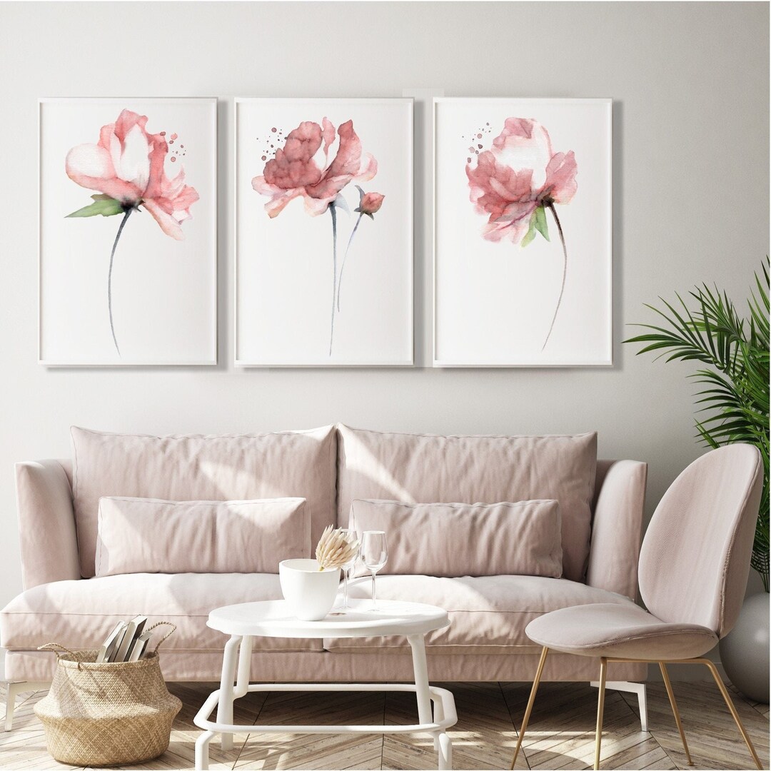 Peony Watercolor Painting Set 3 Shabby Chic Flowers Wall Art Prints ...