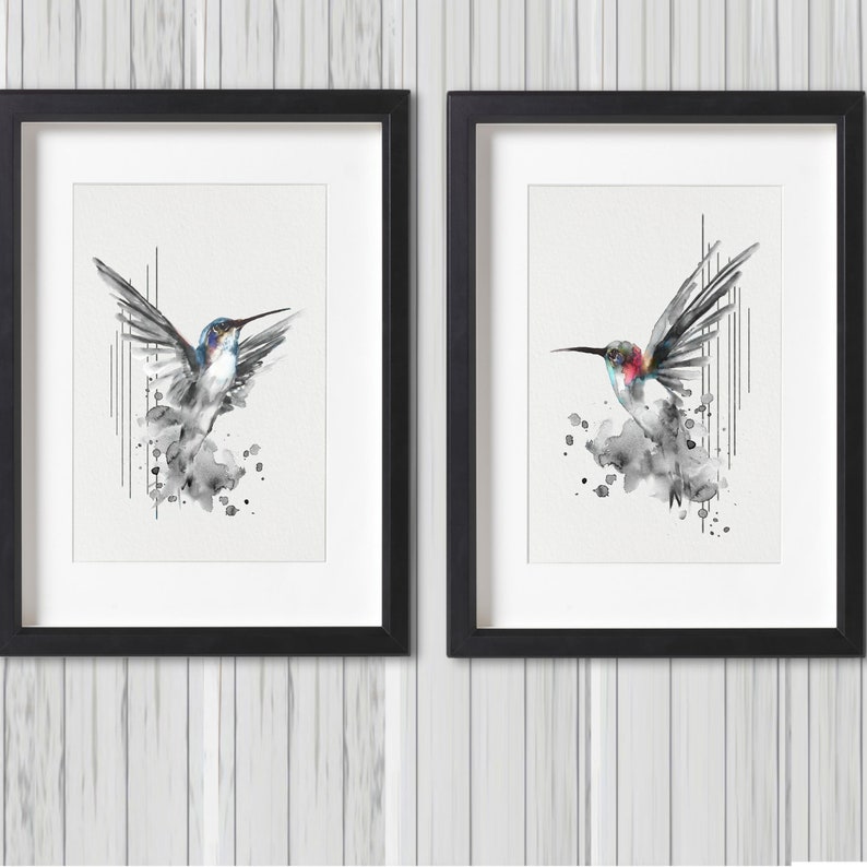 Hummingbirds Set 2 Watercolor Painting Gray Birds Art Print Nature ...