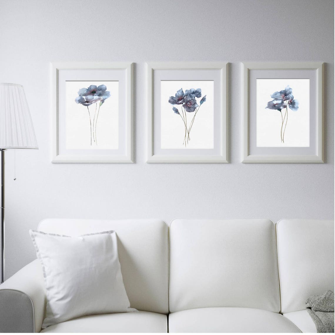 Navy Poppy Set 3 Painting Flower Watercolor Print Floral - Etsy