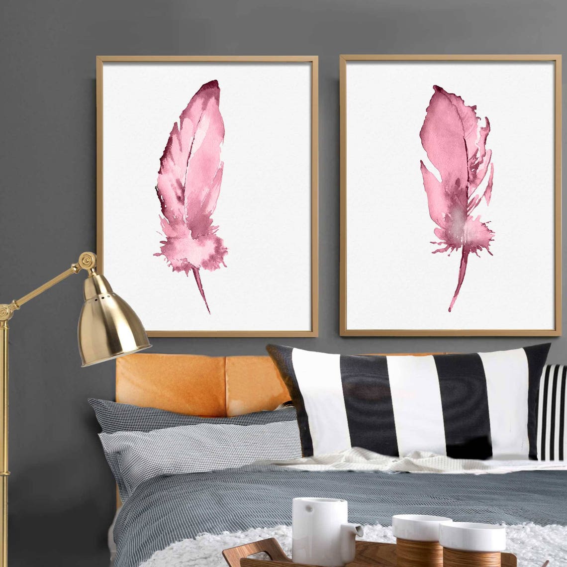 Pink Feather Set 2 Watercolor Painting Two Feathers Bird Wall - Etsy