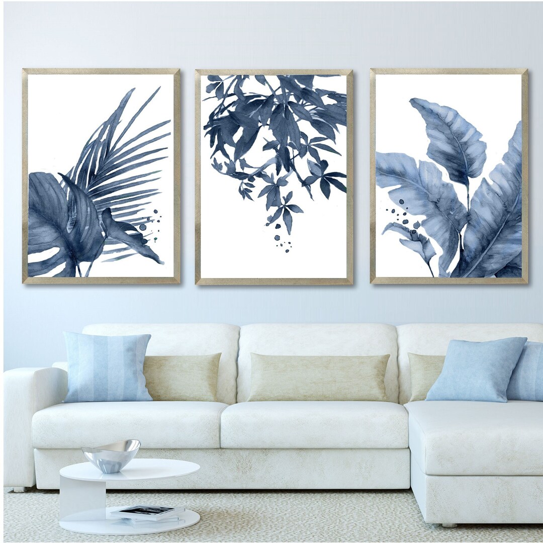 Navy Tropical Watercolor Leaf Print Set of 3, Exotic Greenery, Blue ...