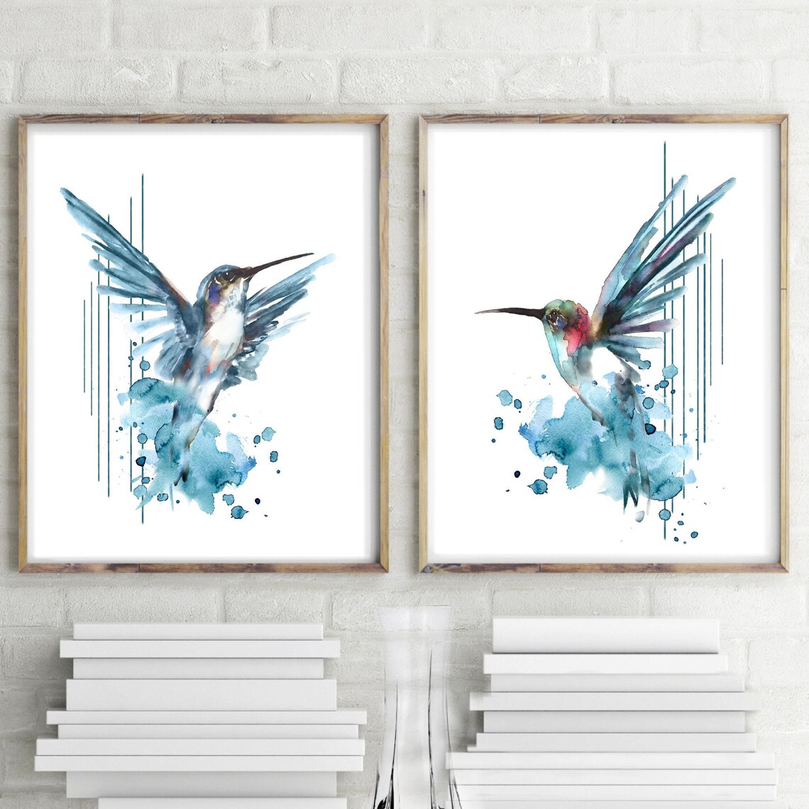 Hummingbirds Set of 2 Prints Blue Navy Birds Watercolor Painting ...