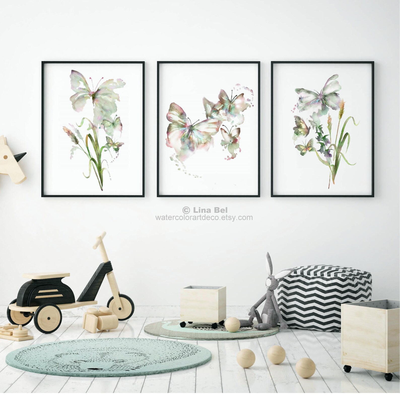 Pink Butterfly Watercolor Set 3 Prints Nursery Wall Decor Butterfly ...