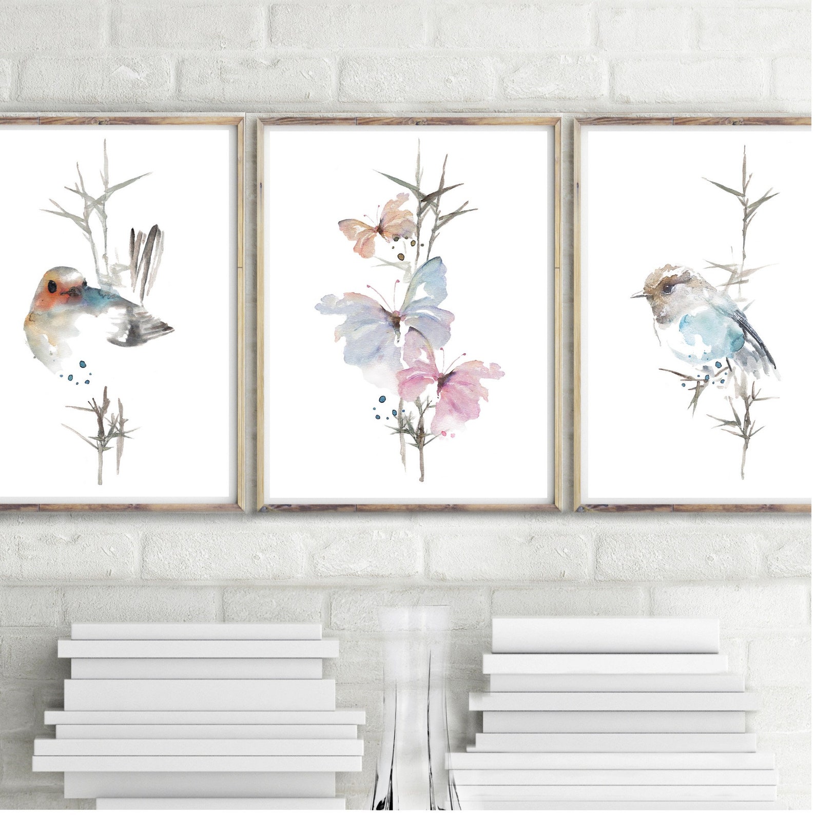 Birds Watercolor Painting Pink Blue Butterfly Print Set 3 Minimalist ...