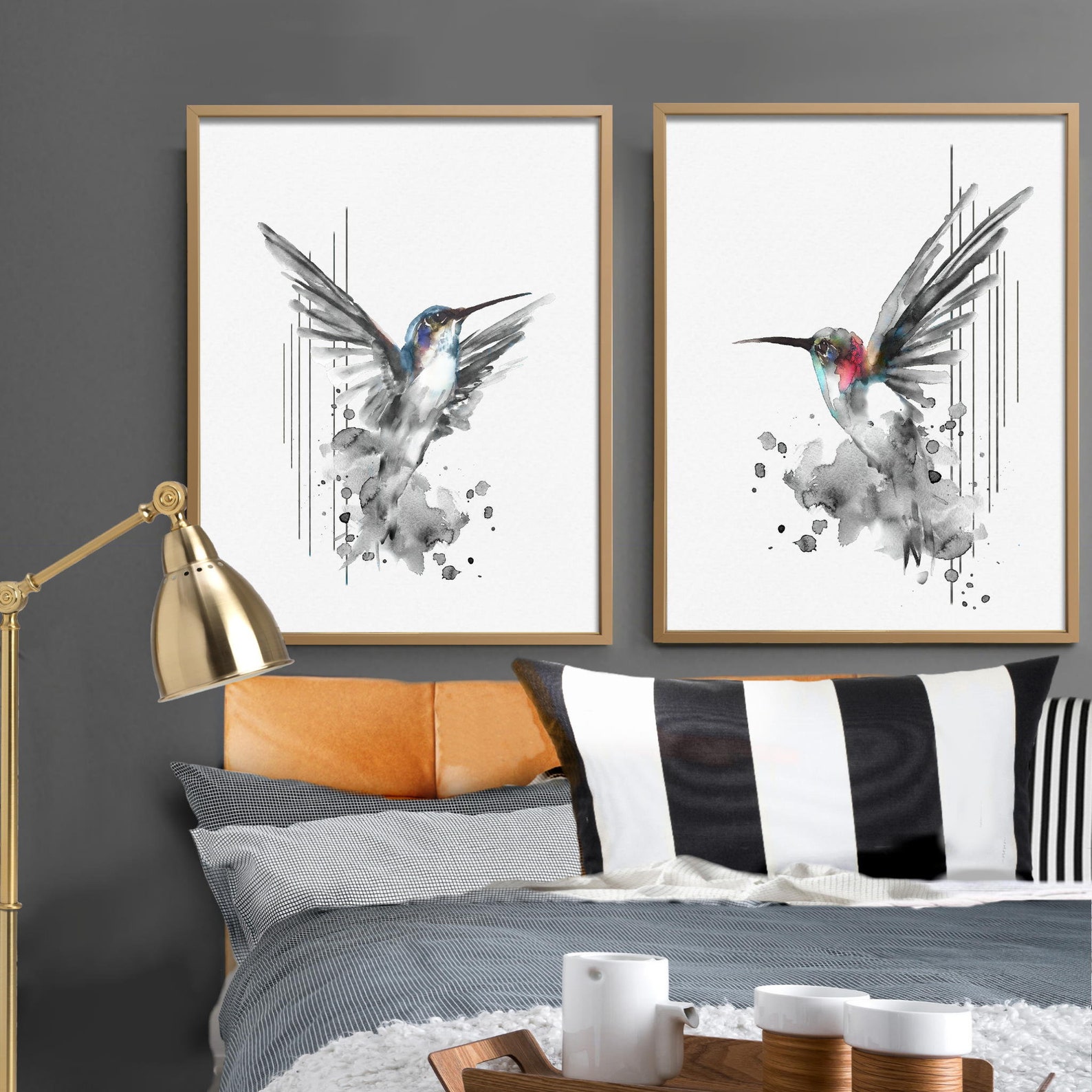 Hummingbirds Set 2 Watercolor Painting Gray Birds Art Print Nature ...
