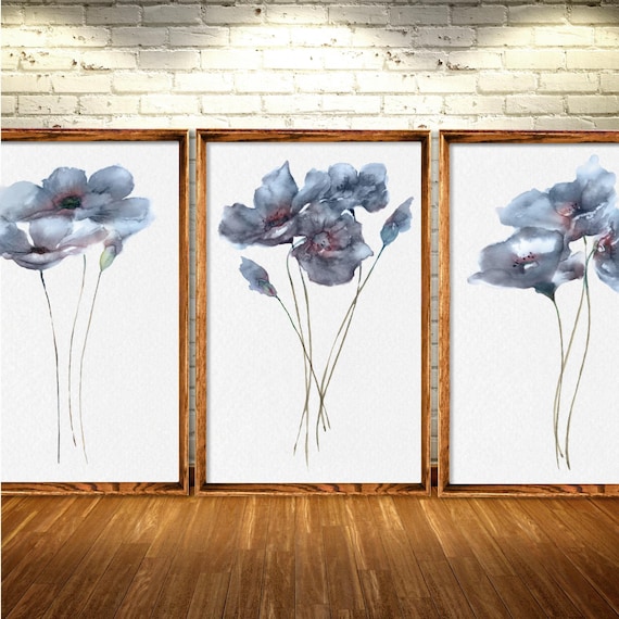 Navy Poppy Prints Set 3 Blue Floral Watercolor Painting - Etsy