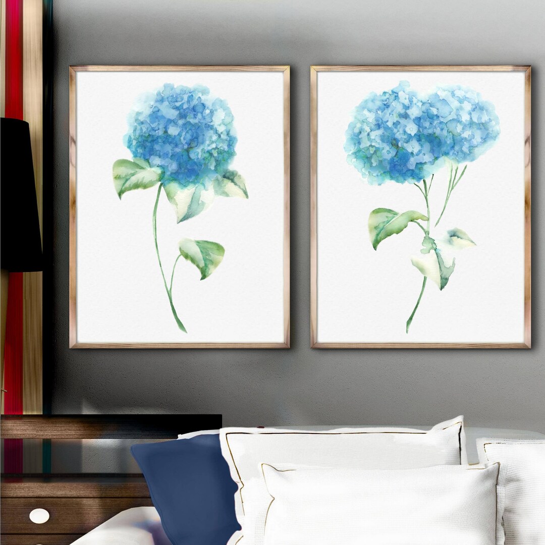 Navy Hydrangea Watercolor Set 2 Painting Floral Illustration Indigo ...