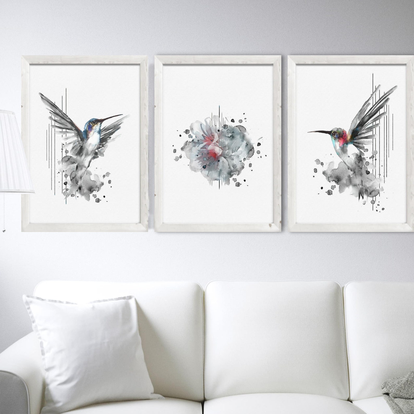 Gray Hummingbirds Set 3 Prints, Black and White Birds Watercolor ...