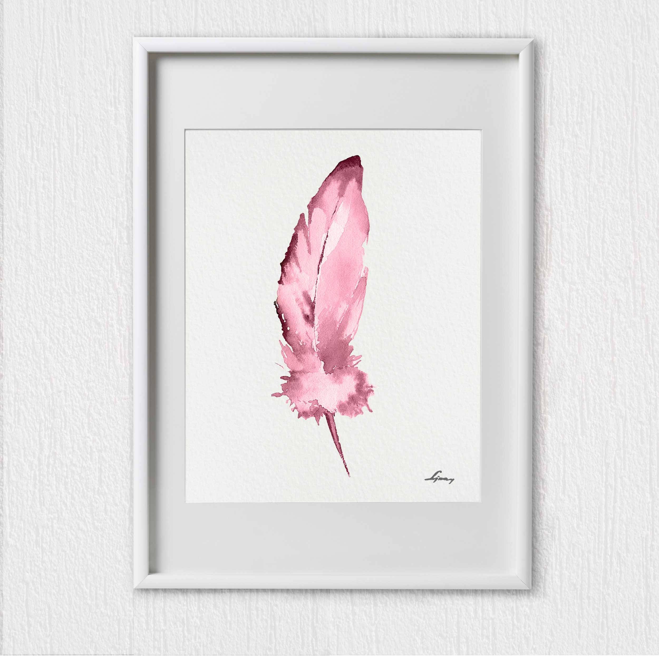 Pink Feather Set 2 Watercolor Painting Two Feathers Bird Wall | Etsy