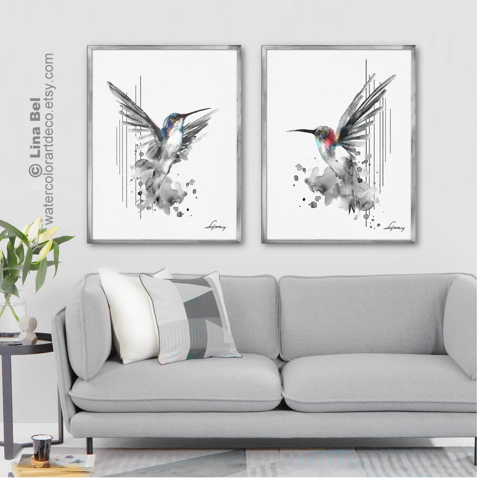 Hummingbirds Set 2 Watercolor Painting Gray Birds Art Print Nature ...