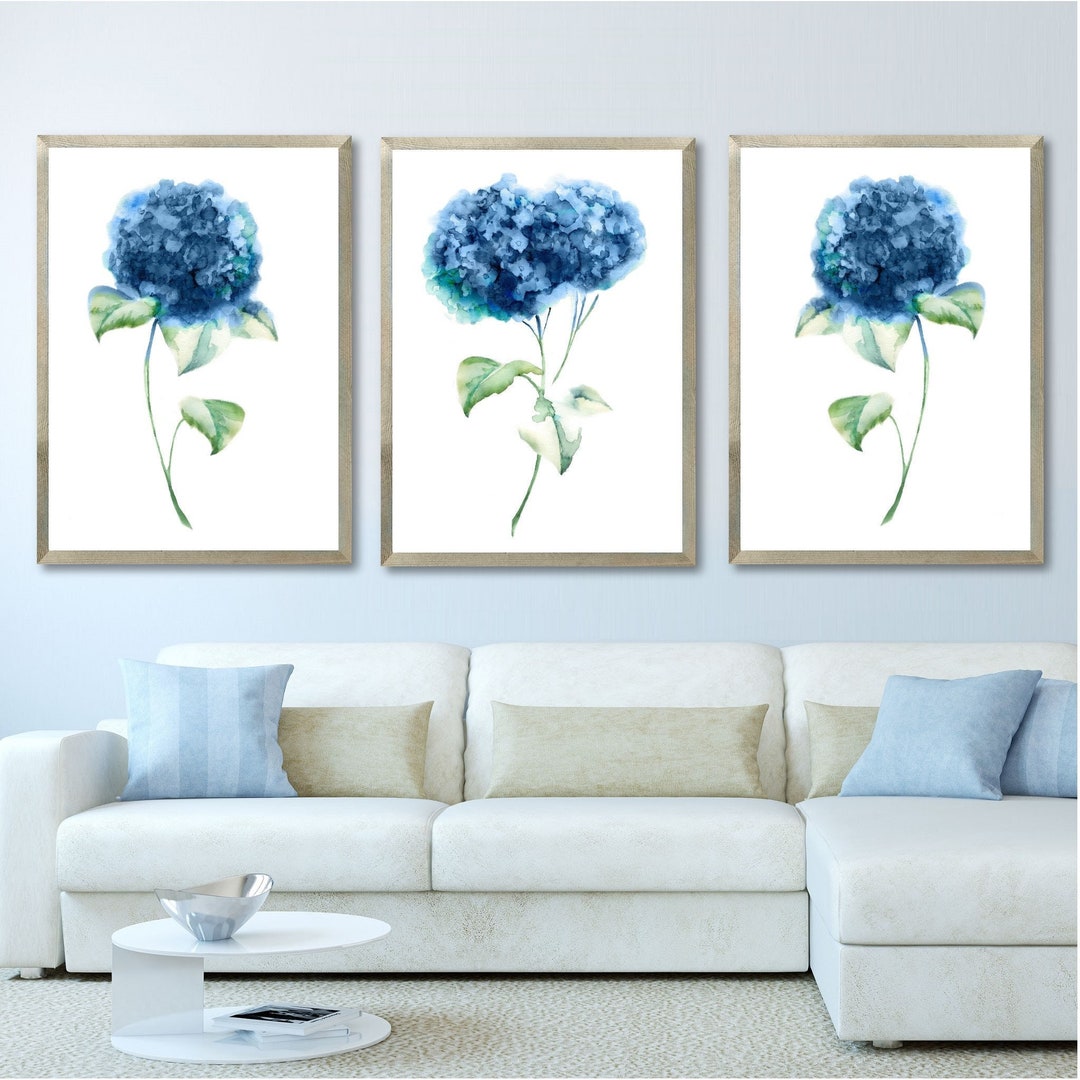Dark Blue Hydrangea, Minimalist Hamptons Wall Decor, Set of 3 Prints ...