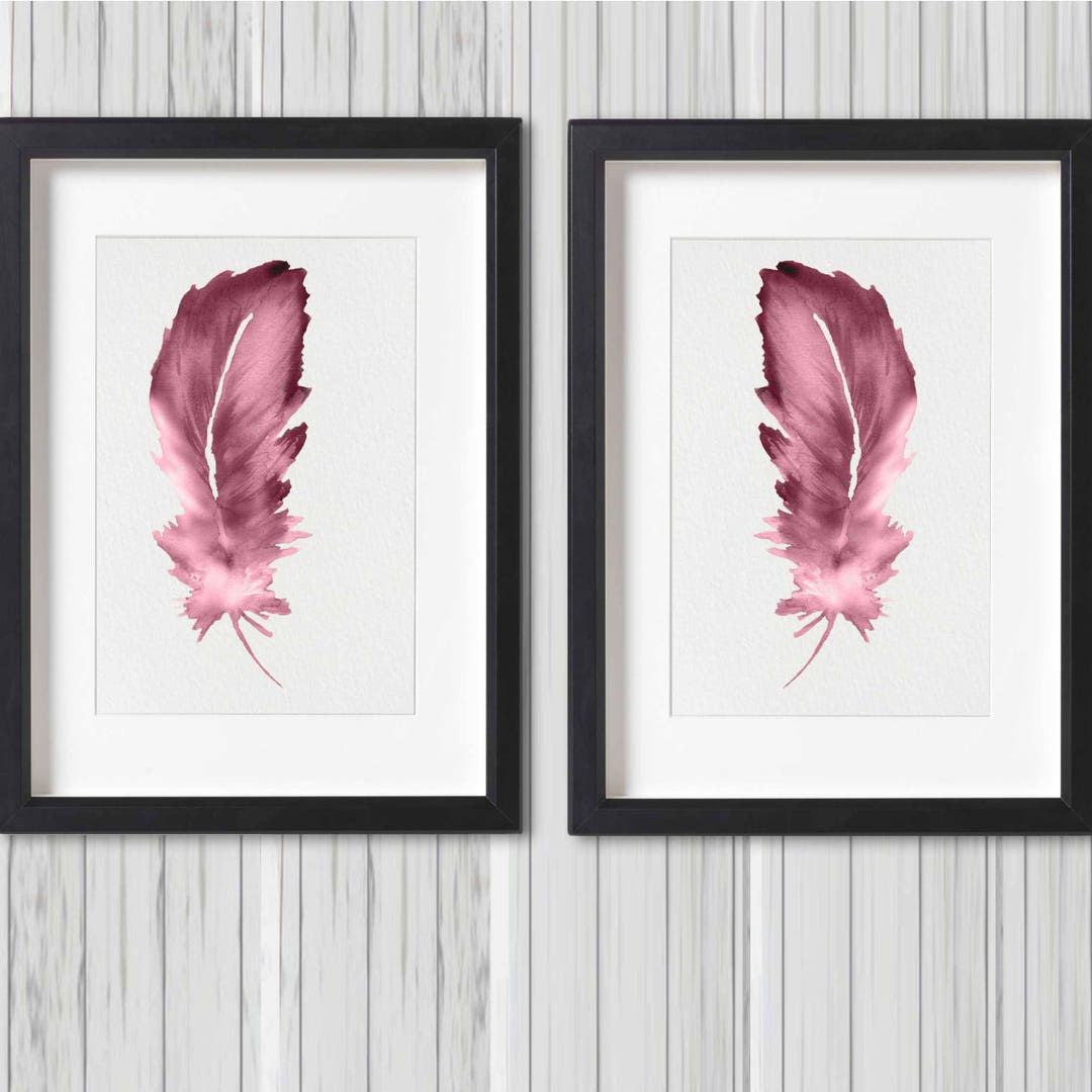 Veer Aquarel Prints Set 2 Kleurrijke Veer Schilderij Roze Home Decor ...