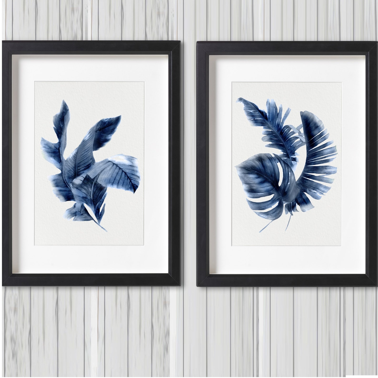 Navy Indigo Tropical Plant Set 2 Watercolor Prints Blue Wall | Etsy