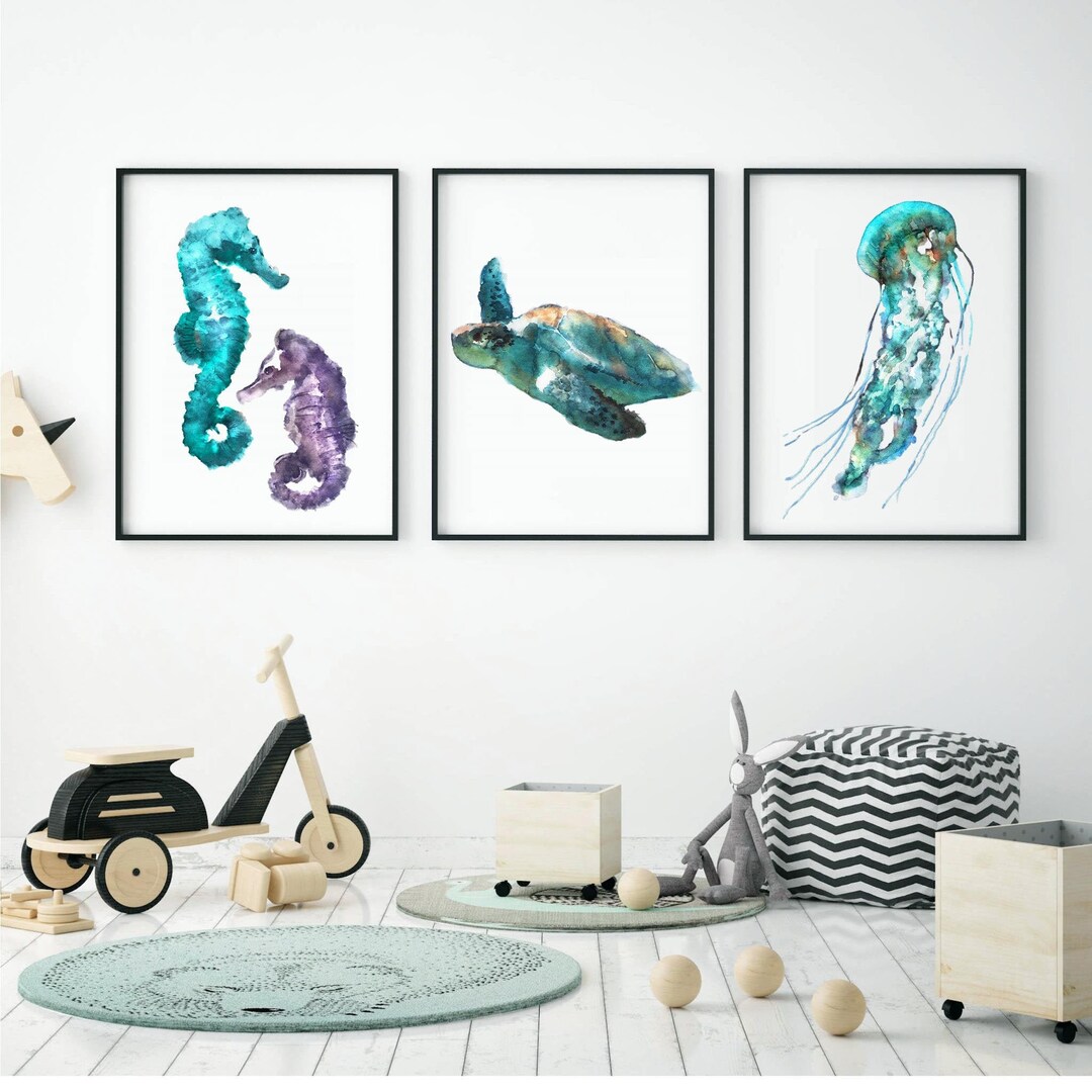 Oceanic Creatures, Nursery Decor Set 3 Prints, Nautical Seaturtle ...