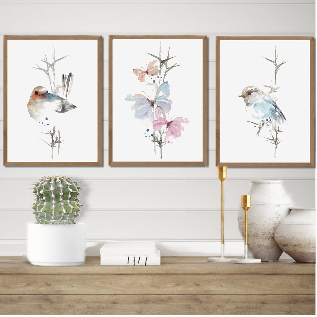 Birds Watercolor Painting Pink Blue Butterfly Print Set 3 Minimalist ...