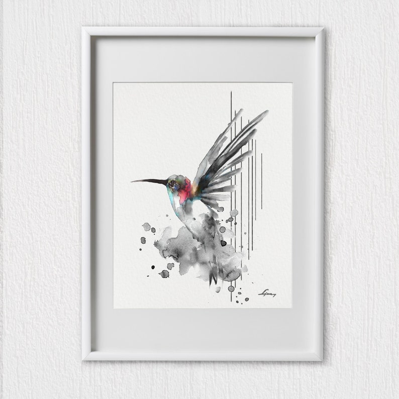 Gray Hummingbirds Set 3 Prints, Black and White Birds Watercolor ...