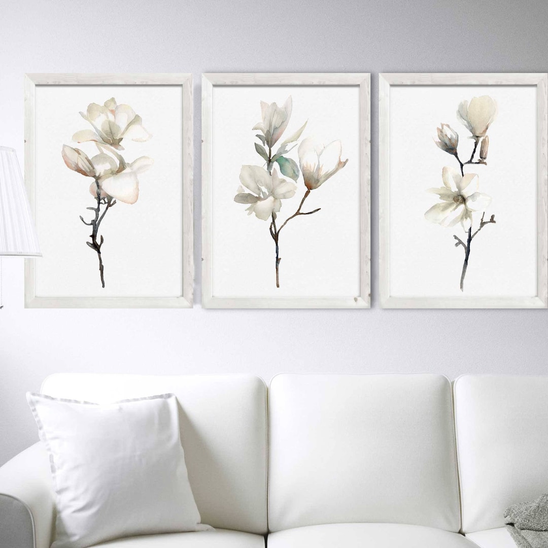 Magnolia Beige Black White Prints Set 3, Floral Watercolor Painting ...