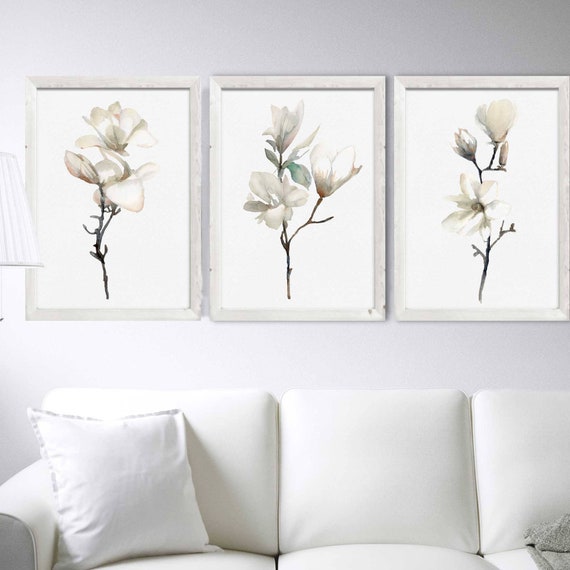 Magnolia Beige Black White Prints Set 3 Floral Watercolor Painting Minimalist Art Living Room Decor Gift Women Floral Room Decor Etsy