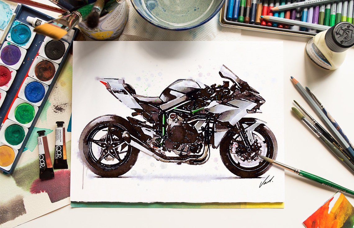 Watercolor Kawasaki Ninja H2R Motorcycle, Giclee Art Print, Awesome ...