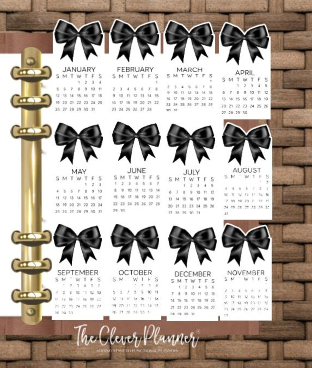 Black Bow Planner Monthly Calendar Cards 2025 for Your Planner or ...