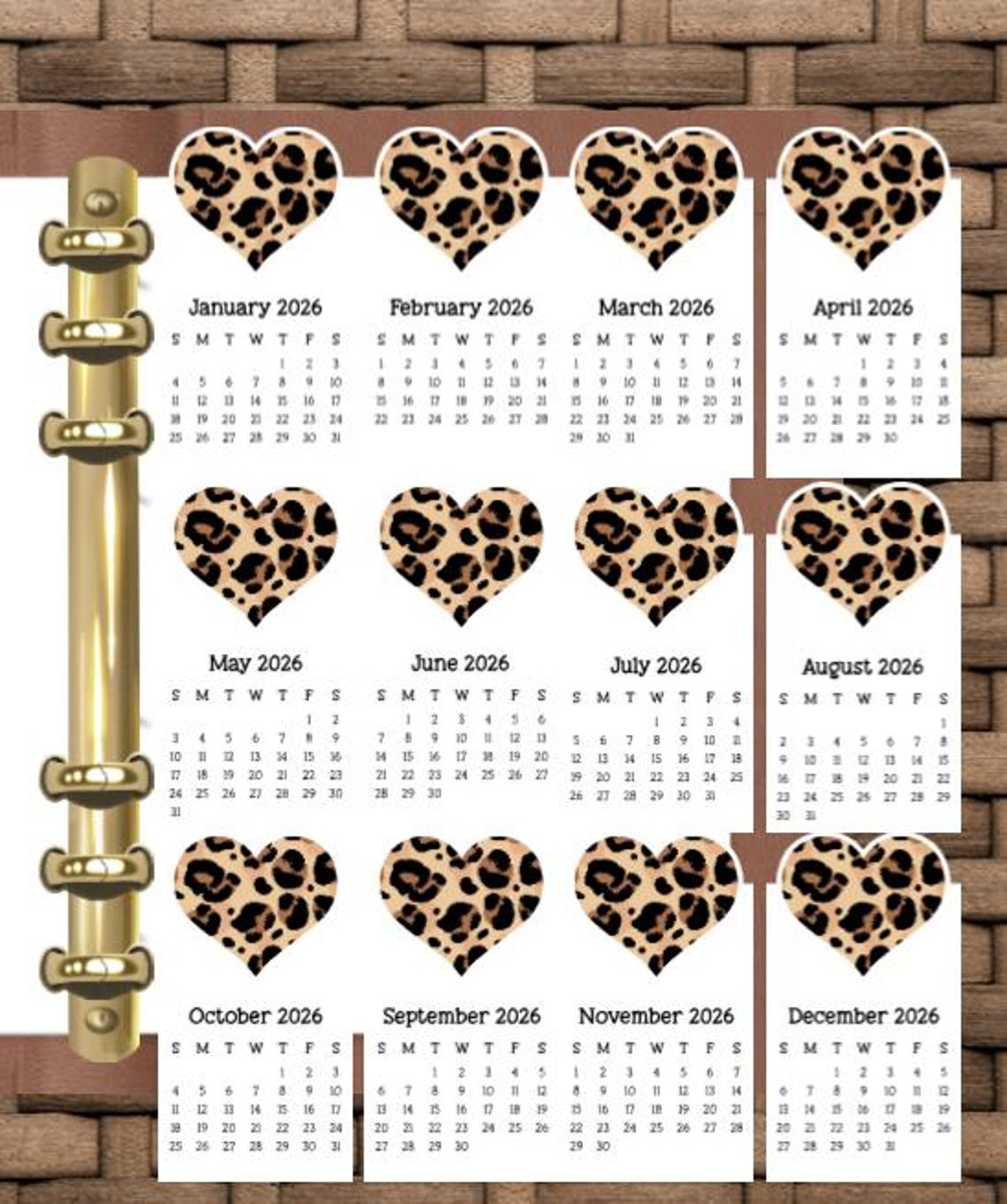 Leopard Heart Print Planner Monthly Calendar Cards 2026 for Your ...