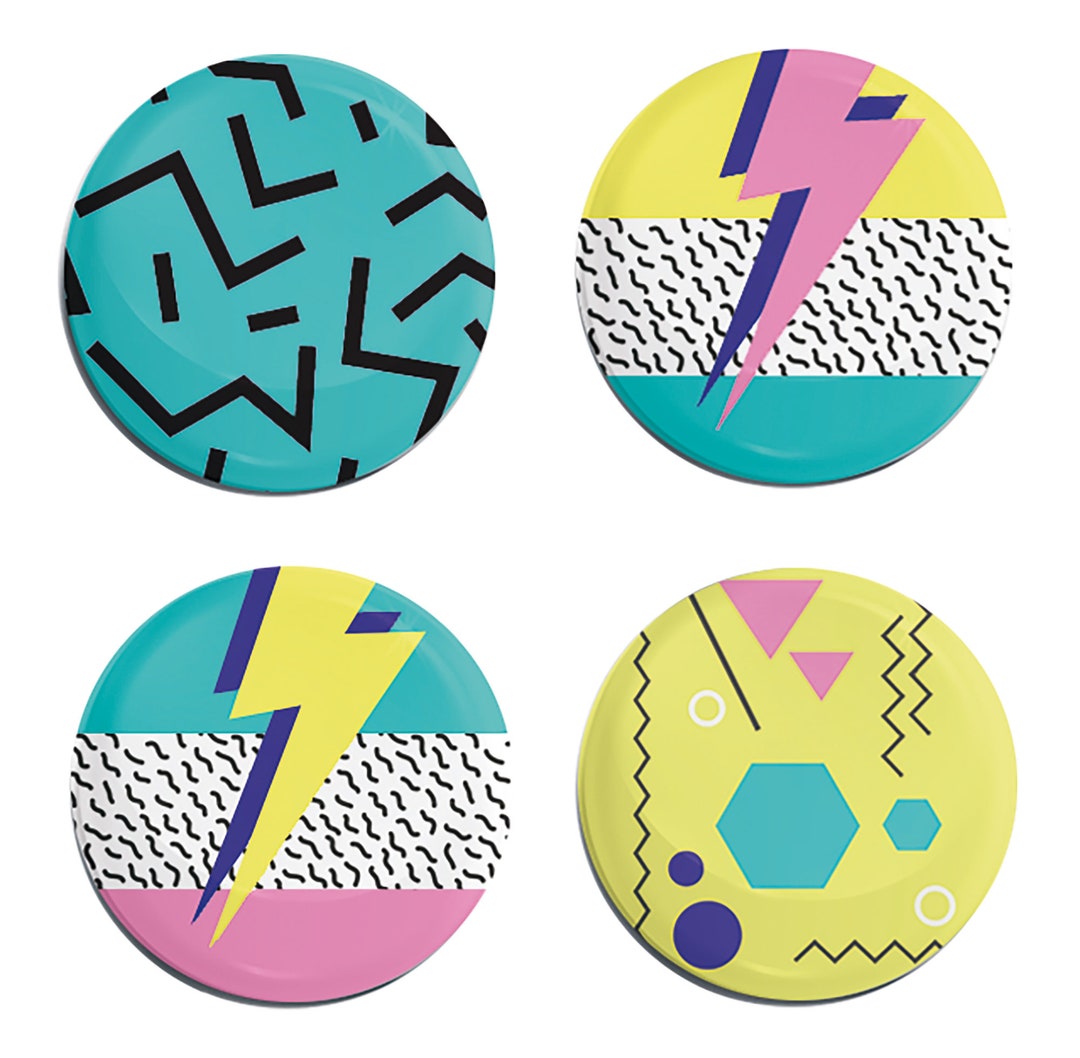 Set of 4 Retro 80s Pin Badges 25mm, 1980s Style Badge Set, Bold ...