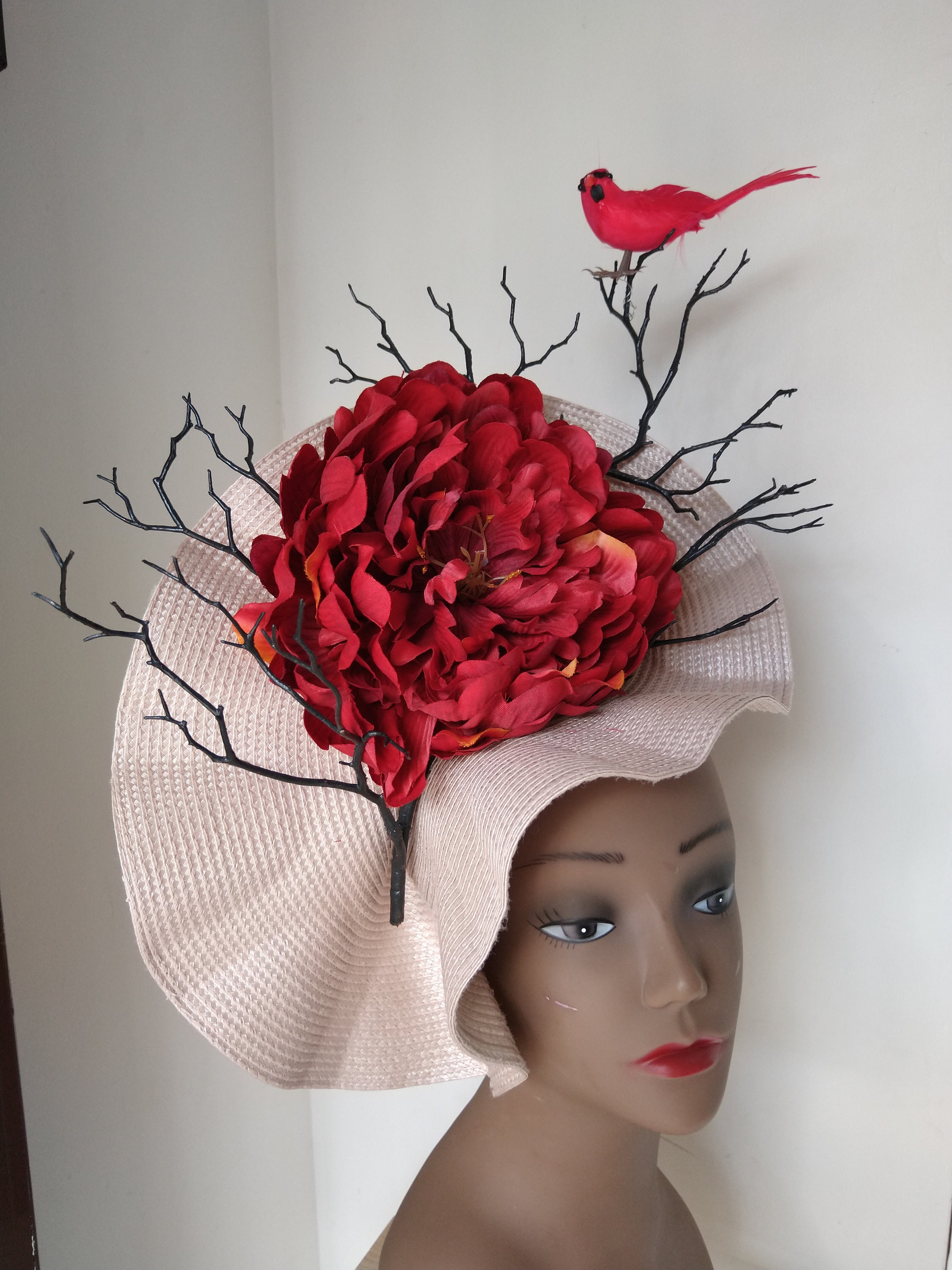 Beige and Red Derby Fascinator, Red Cardinal Bird Perch on a Branch ...