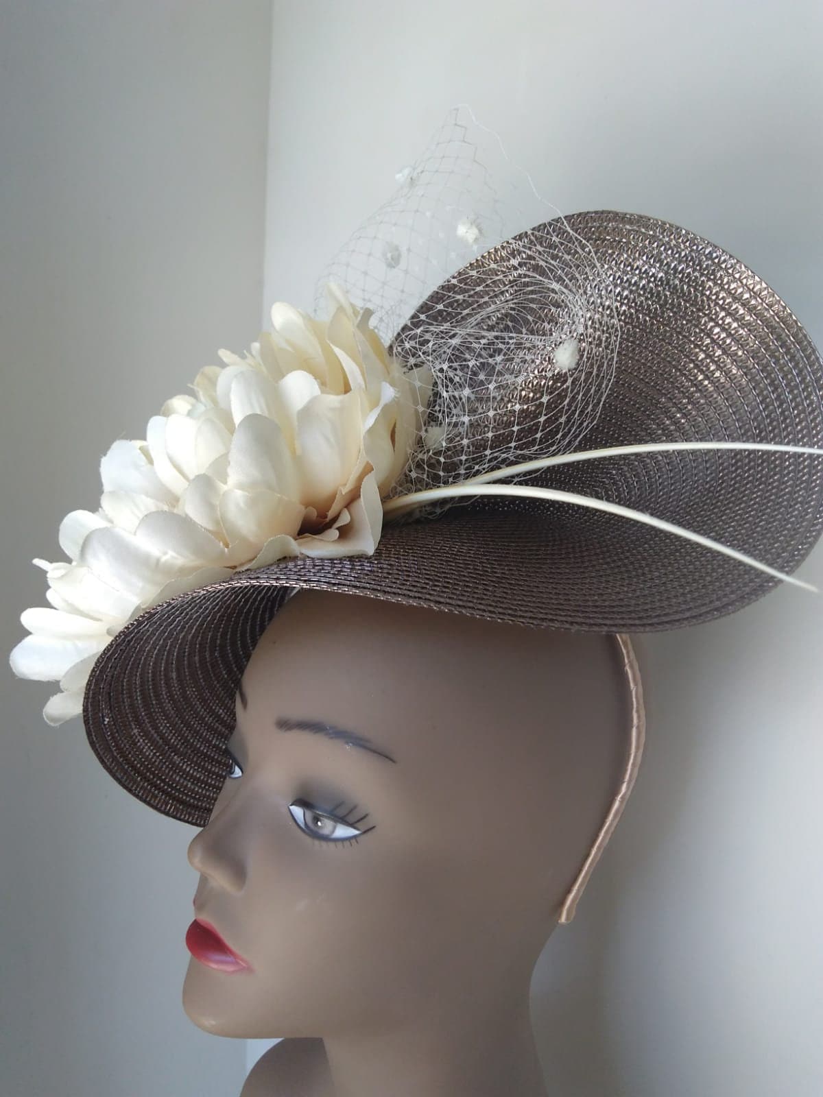 Bronze Metallic Fascinator hat, Large Beige Flower, Wedding, Tea Party ...
