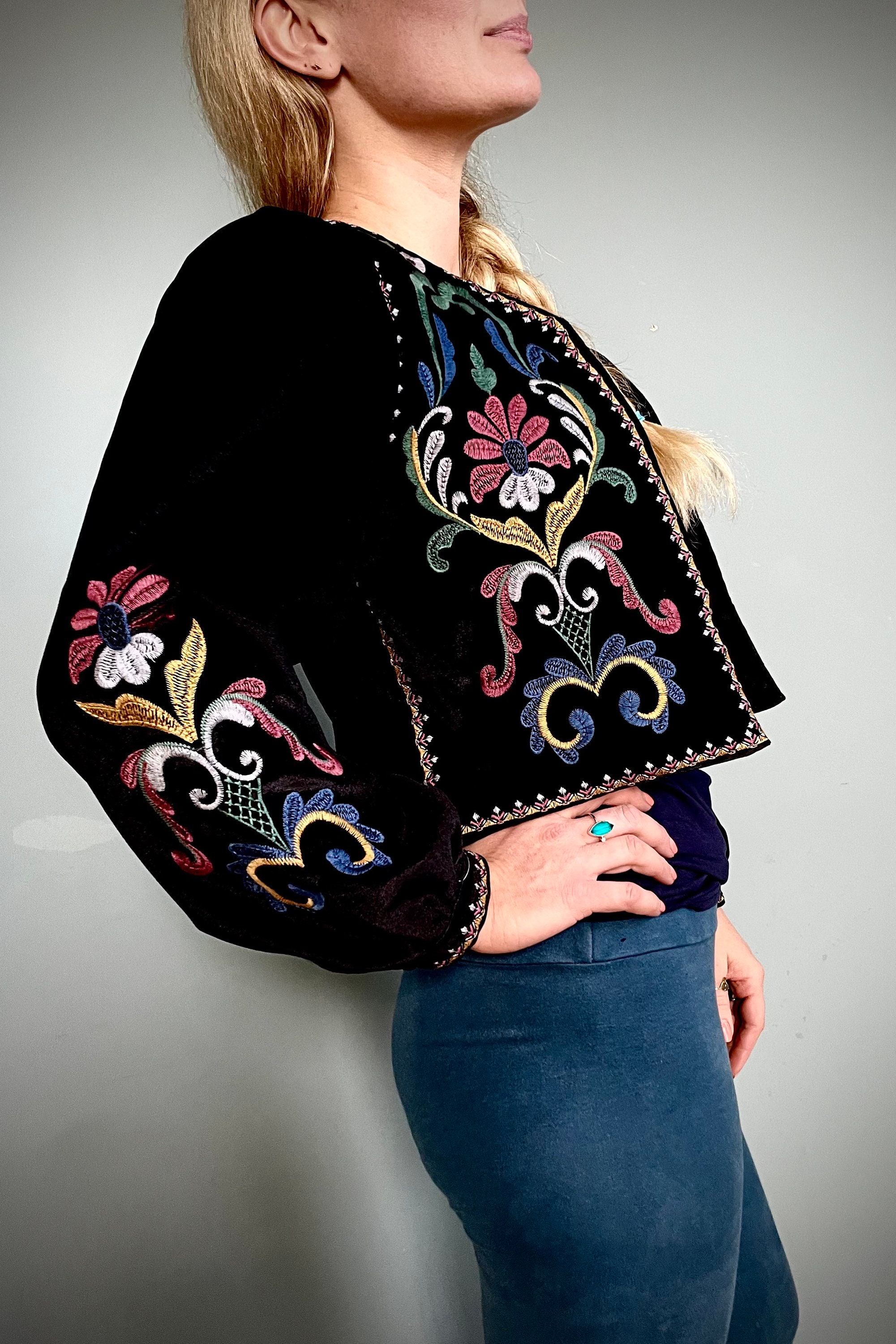 Ladies Boho Jacket Black Velvet Embroidered Ts For Her Etsy