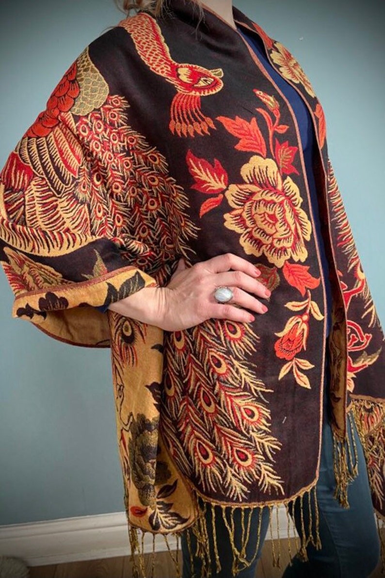 Womens Wool Scarf: Peacock Print Wrap With Tassels - Etsy